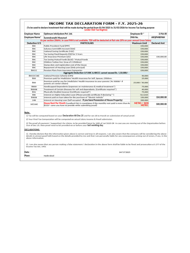 Employee Income Tax Declaration FY-2025-26 | PDF | Insurance | Public ...
