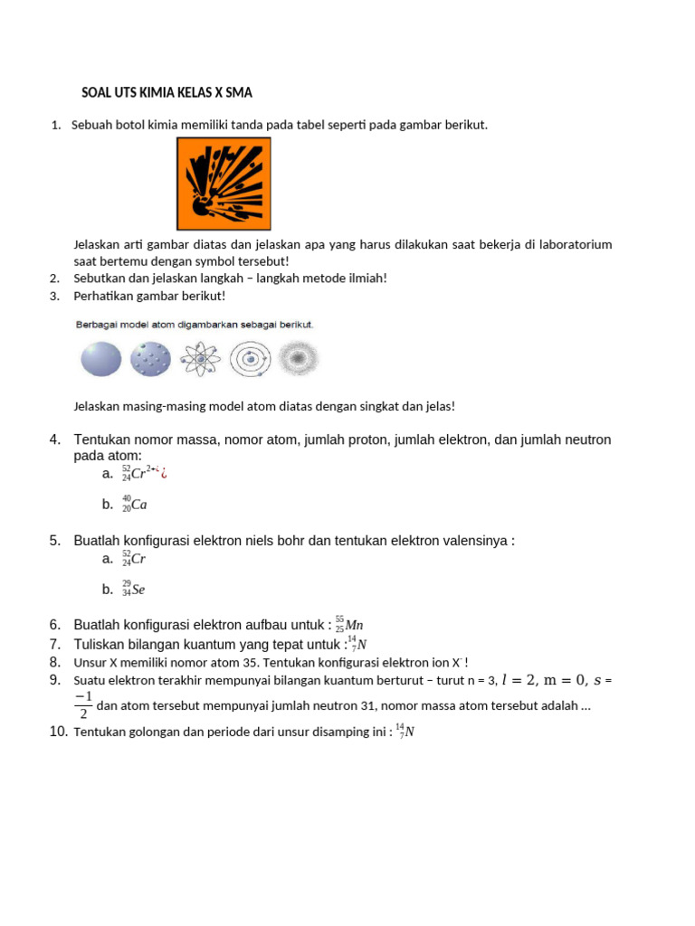 Soal Uts Kimia Kelas X Sma | PDF