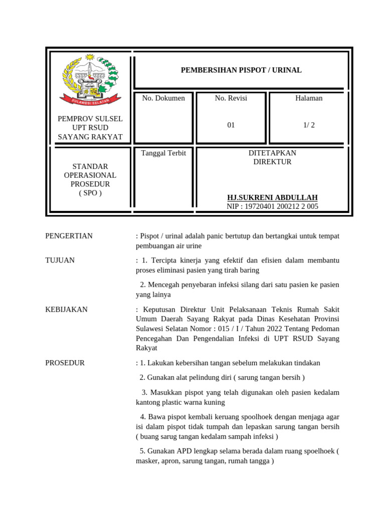 Prosedur Kebersihan Pispot RSUD Sulsel | PDF
