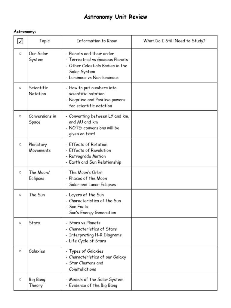 Astronomy Unit Review Guide | PDF