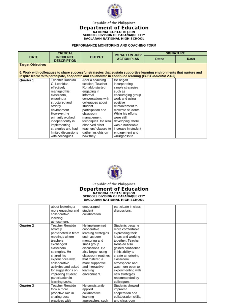 Pmes Objective 6 - PMCF q1-q4 | PDF | Learning | Teachers