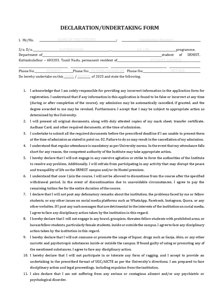 SRM Declaration Undertaking Form | PDF | Justice | Crime & Violence
