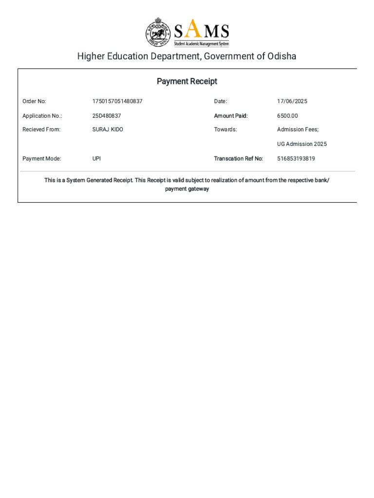 SAMS Payment Receipt | PDF