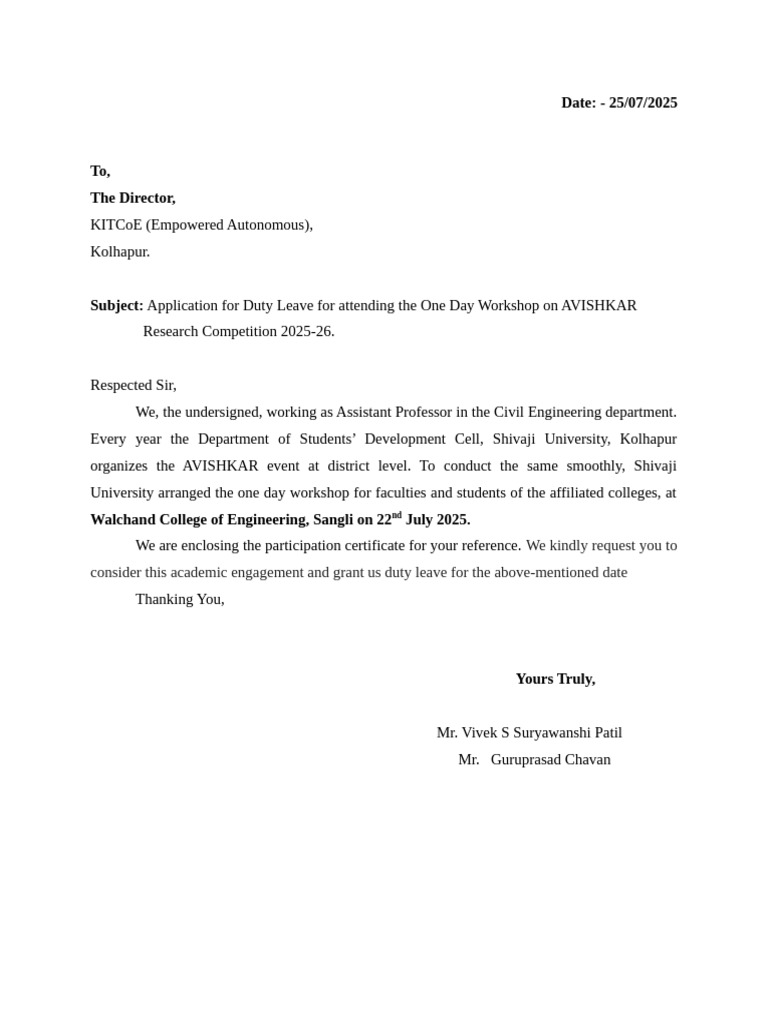 Duty Leave Application for AVISHKAR Workshop | PDF