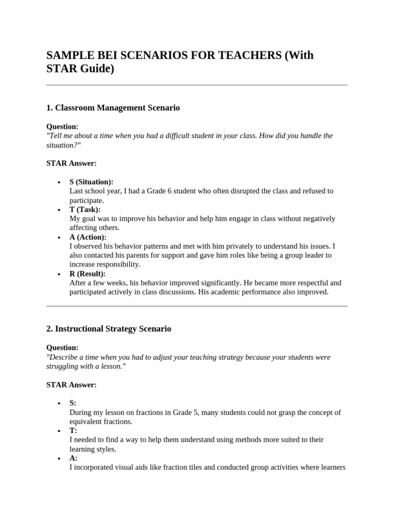 BEI Scenarios for Teachers Using STAR Method | PDF | Classroom ...