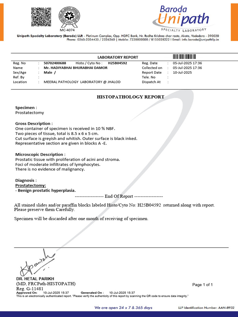 Prostatectomy Histopathology Report | PDF