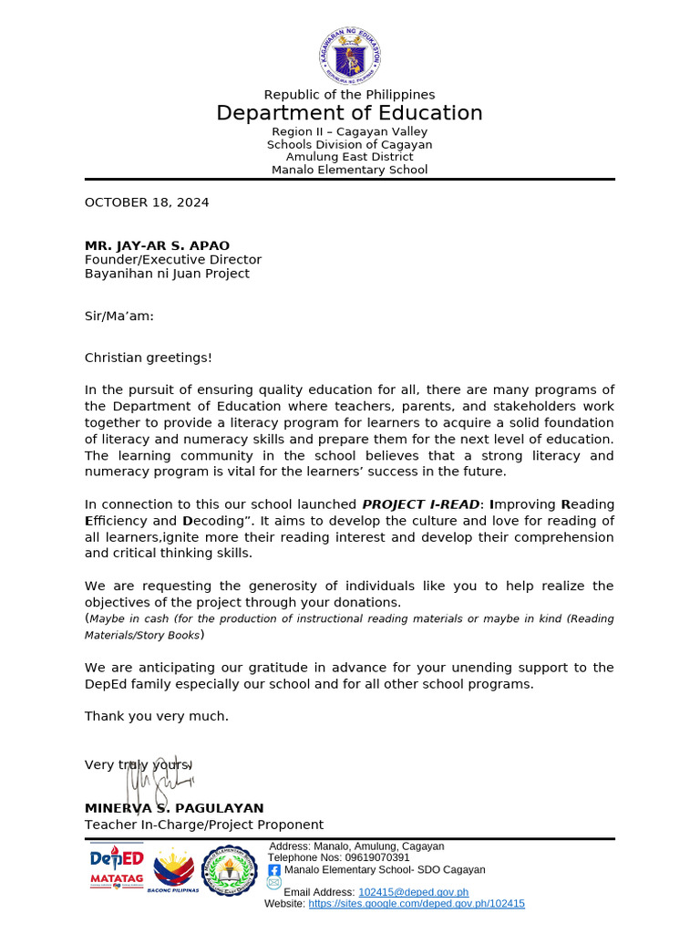 Mes Request Letter For Reading Materialsbooks Pdf