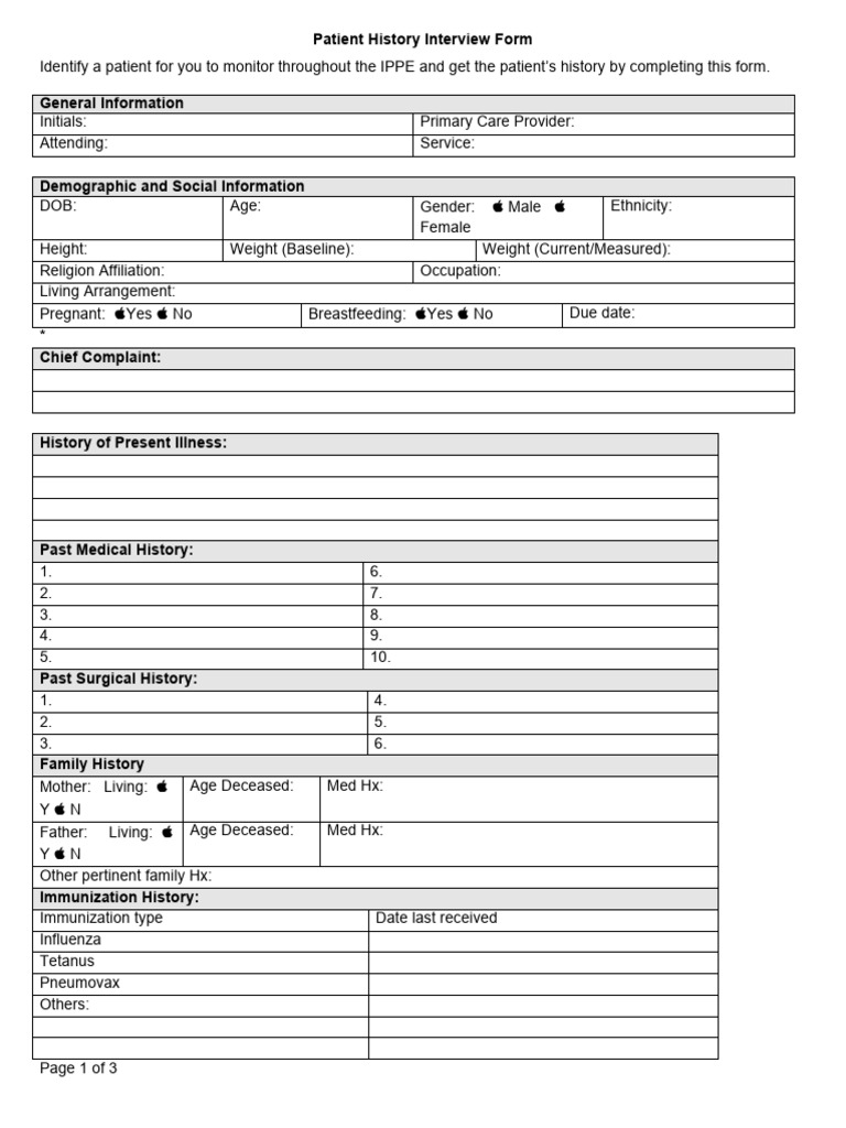 Patient History Interview Form | PDF | Health Sciences | Medicine