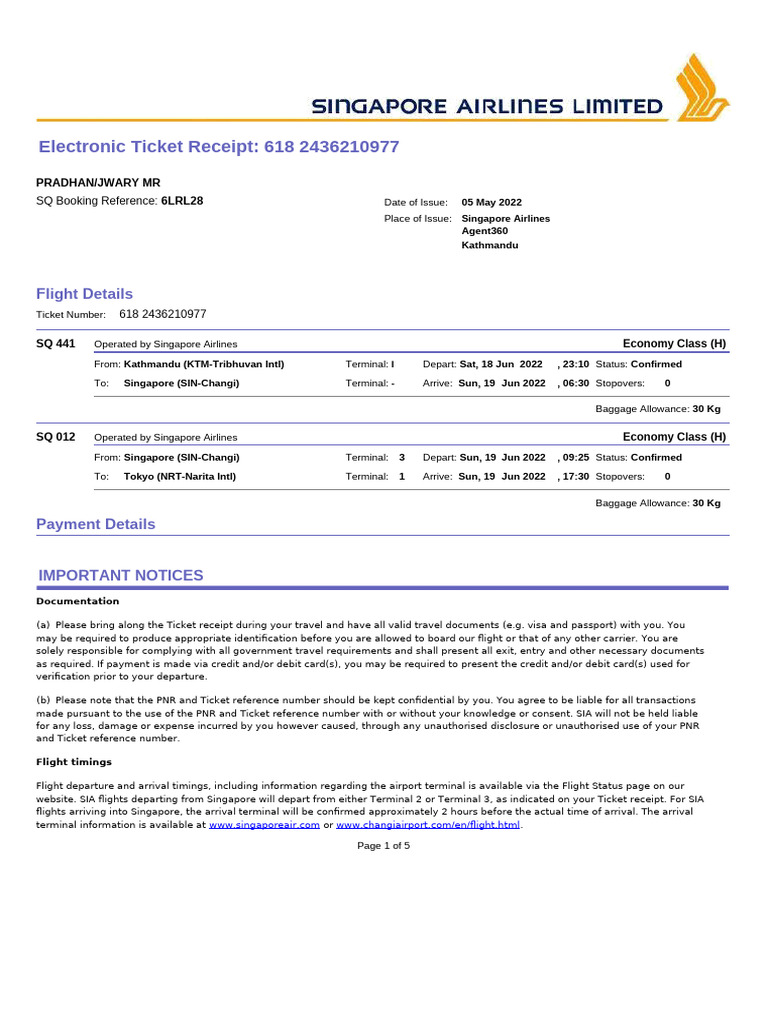 SIA E Ticket 618 2436210977 1 | PDF | Airlines