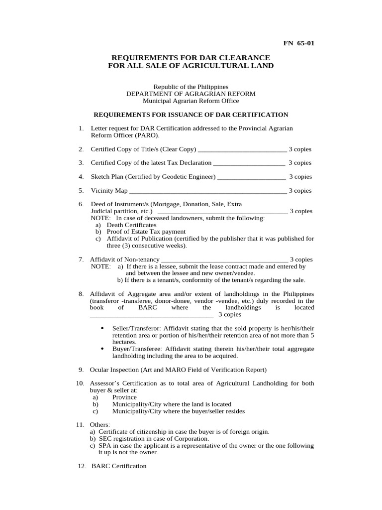 FN 65-01 Checklist Requirements For Dar Clearance For All Sale of ...