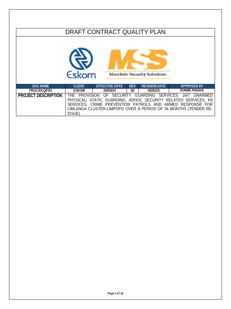 Contract Quality Plan for Security Services | PDF | Quality Assurance ...