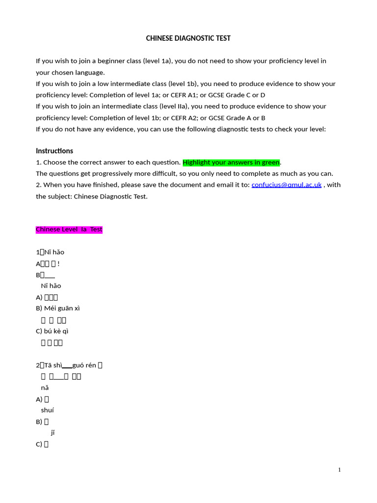 Chinese Diagnostic Test | PDF