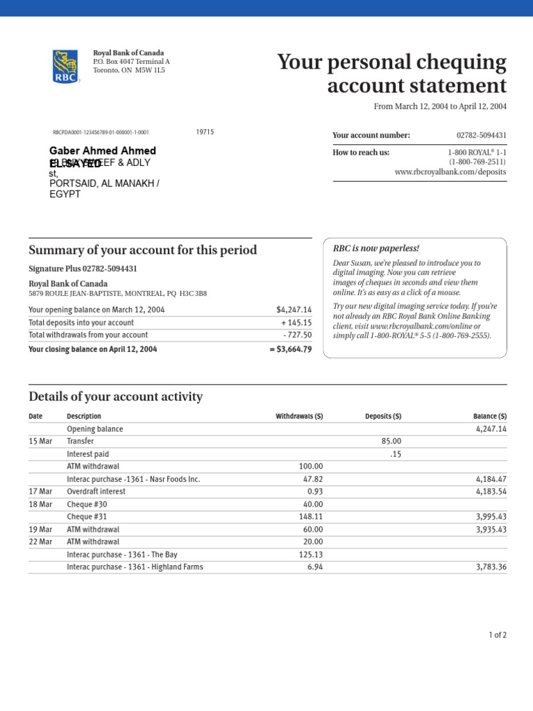 RBC Personal Chequing Statement Summary | PDF | Banking | Financial ...