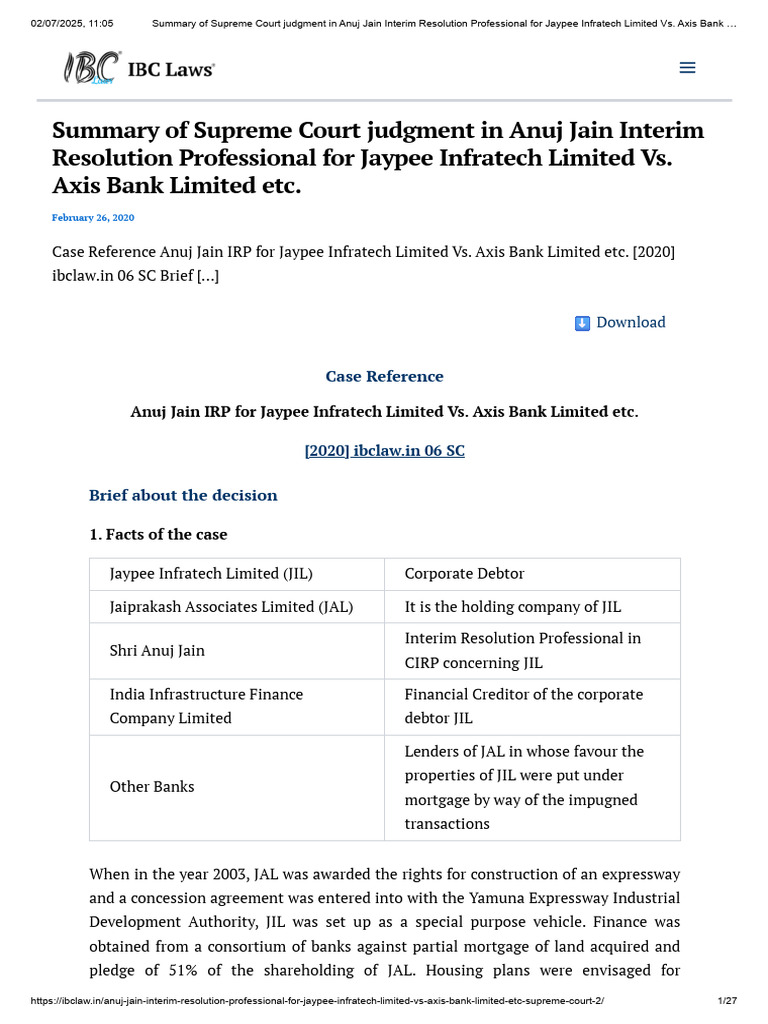 Jaypee Infratech IBC Case Summary | PDF | Security Interest | Creditor