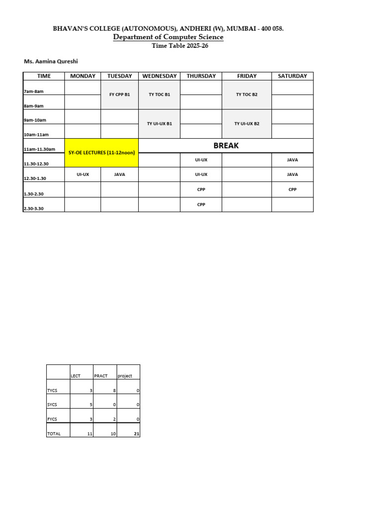 2025-26 Computer Science Timetable | PDF