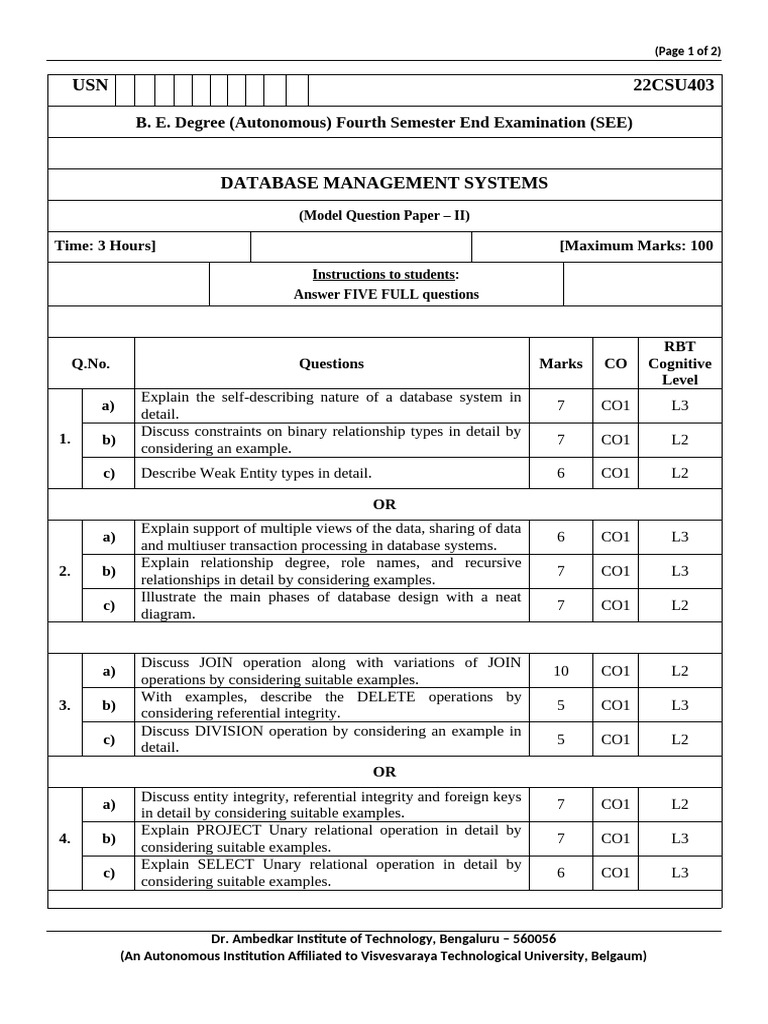 DBMS Model Question Paper 2 | PDF | Relational Database | Data Model