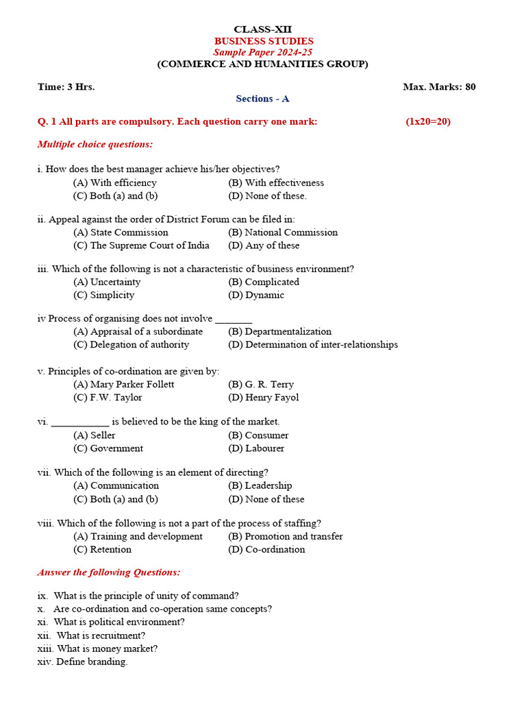 Class 12 Business Studies Sample Paper 2024 | PDF | Business