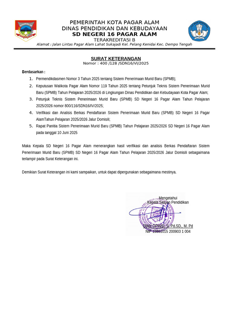 SK Penetapan Hasil SPMB 2025 SDN 16 | PDF