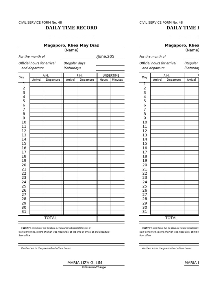Daily Time Record Form No. 48 | PDF