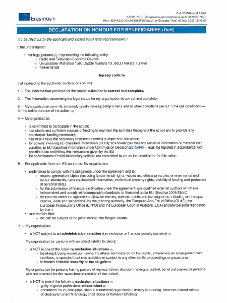 Erasmus Declaration On Honour For Beneficiaries | PDF