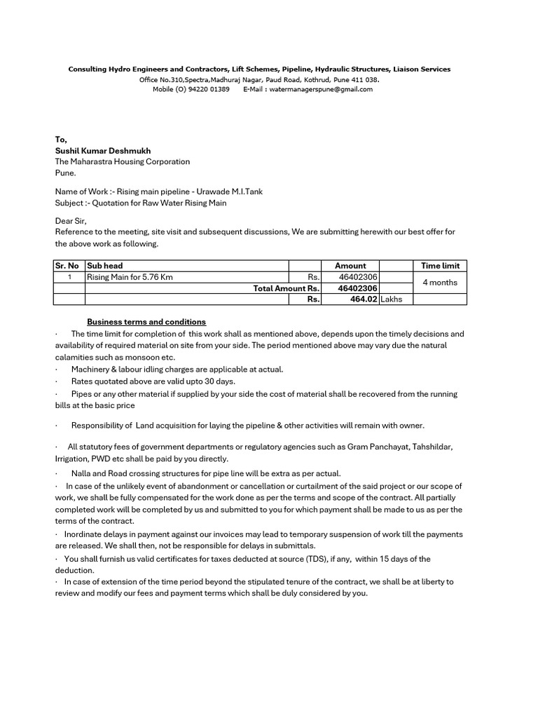 Quotation For Rising Main Pipeline Dispose 28.02.25 | PDF | Pipe (Fluid ...