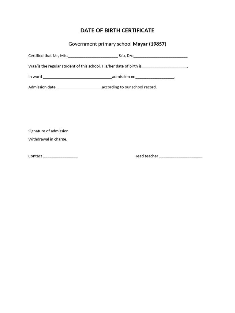 School Date of Birth Certificate Template | PDF