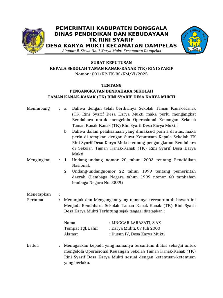 SK Pengangkatan Bendahara TK Rini Syarif | PDF