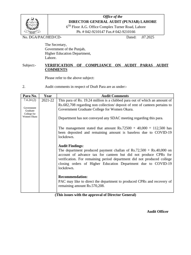 08 PAC Verification HED 03.07.25 GGC Okara (Ayub, AO) - 031558 | PDF ...