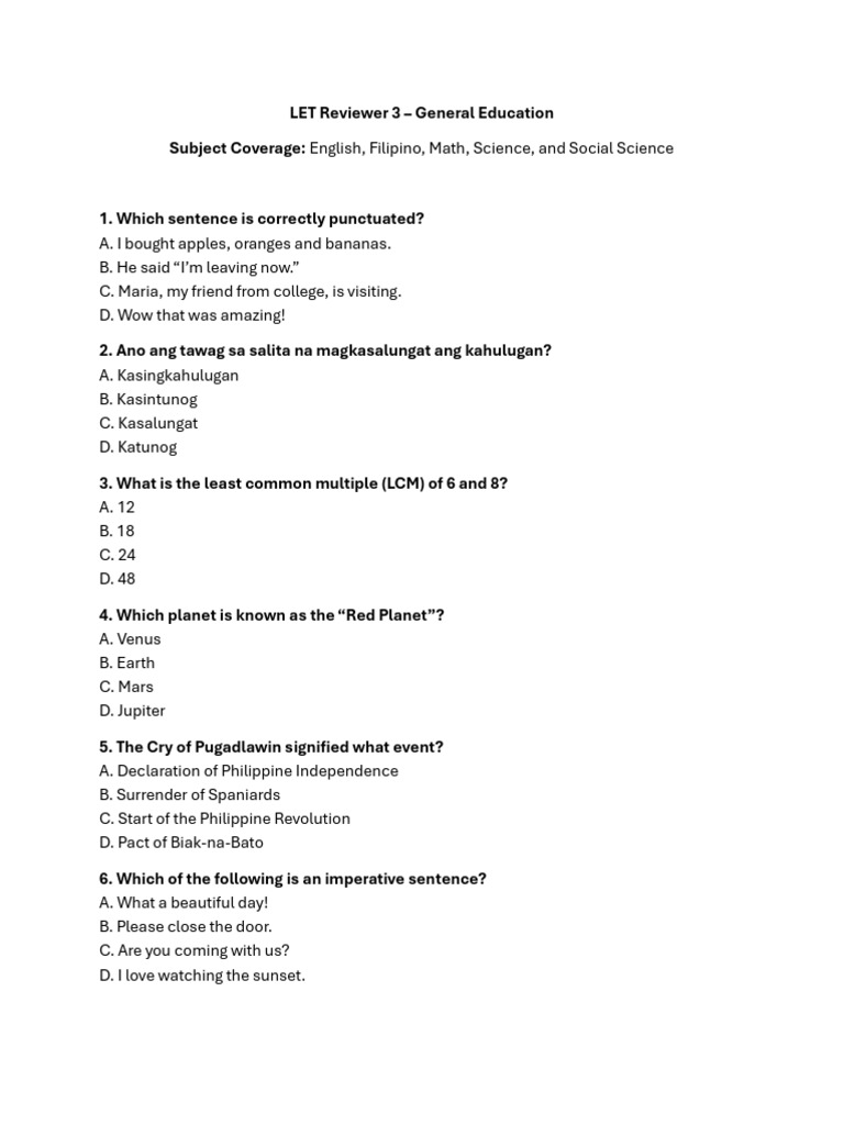 LET Reviewer: General Education Quiz | PDF