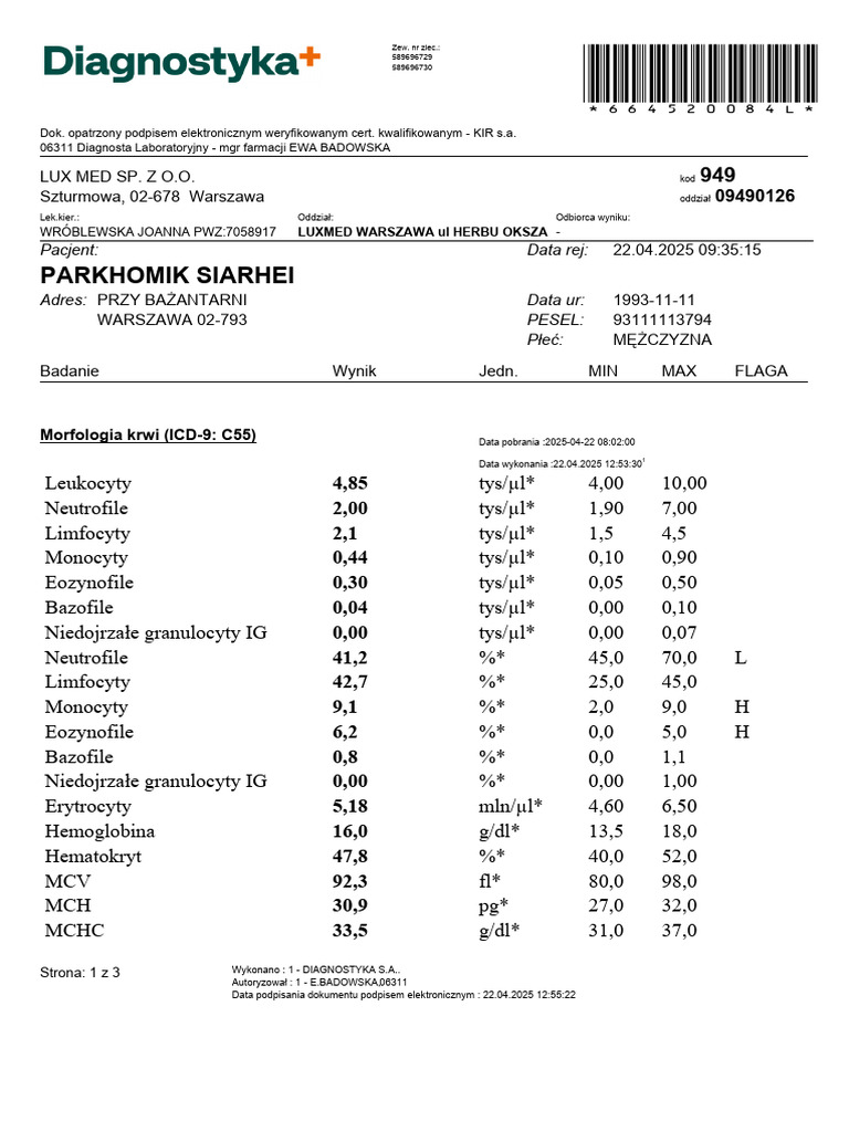 Morfologia + Plytki + Rozmaz Automatyczny - Program Profilaktyczny PSA Panel (PSA FPSA 647922108 ...