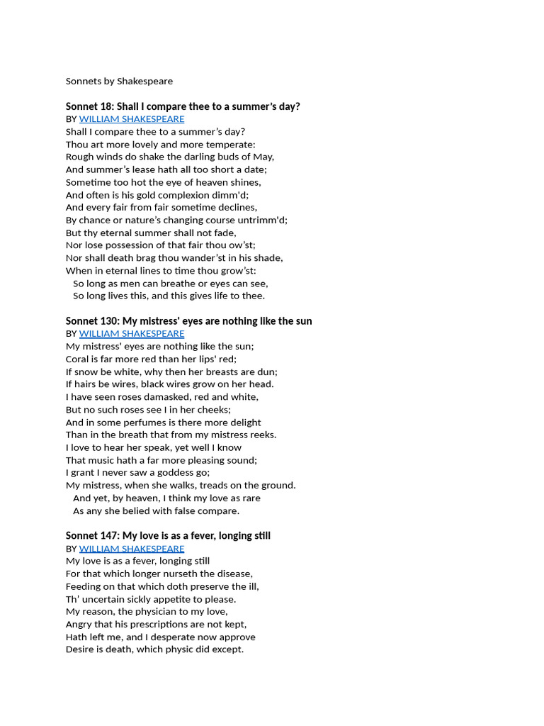 Sonnets by Shakespeare | PDF