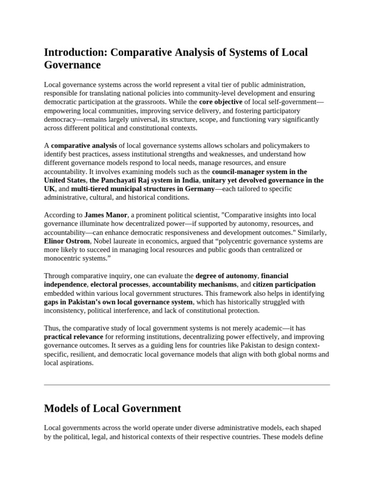 Comparative Analysis of Systems of Local Goverment | PDF | Governance ...