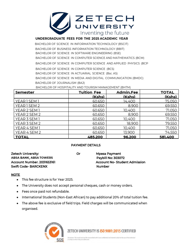 Zetech University Fee Structure 2025 | PDF | Fee | Bachelor Of Science