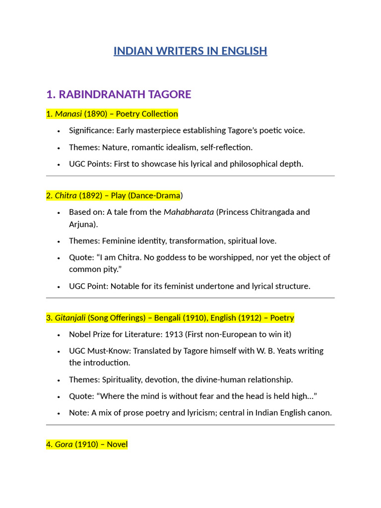 Indian Writers in English | PDF | Rabindranath Tagore