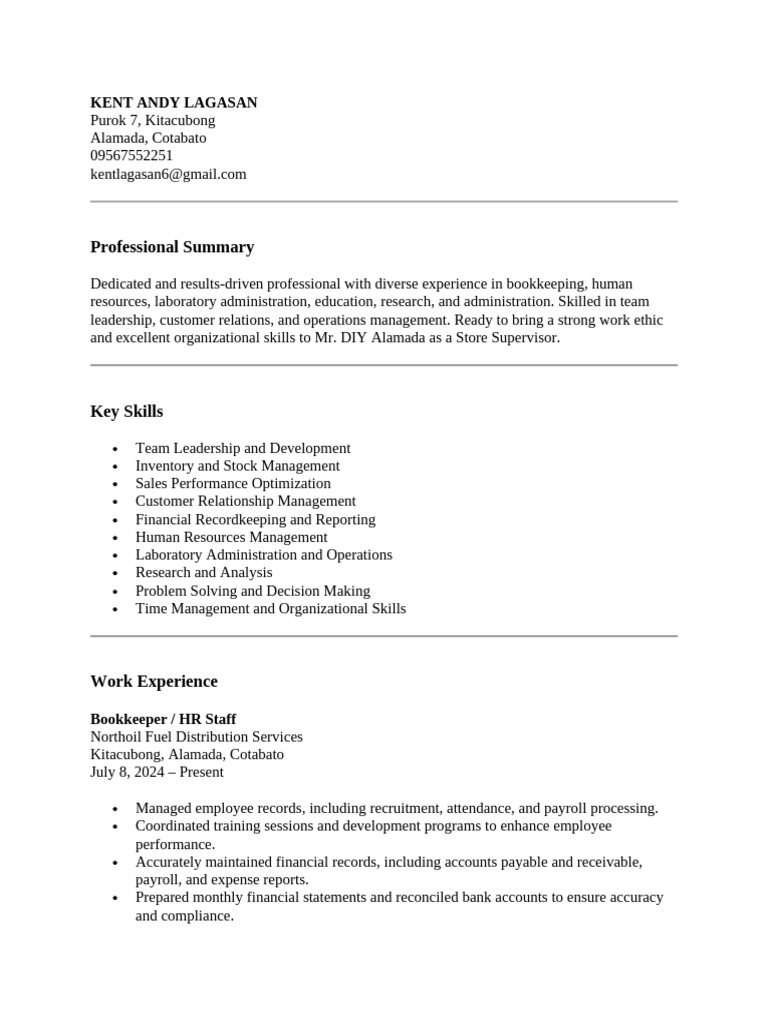 Kent Andy Lagasan Resume | PDF | Regulatory Compliance | Inventory