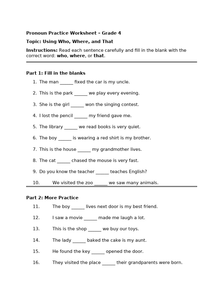 Pronoun Exercise Grade4 | PDF