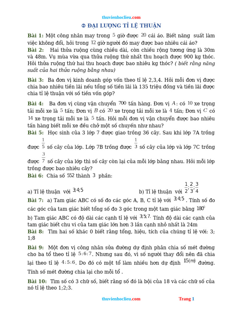 Bai Tap Toan Lop 7 Mot So Bai Toan Ve Dai Luong Ti Le Thuan | PDF