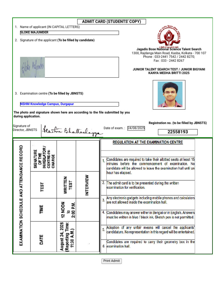 Admit Card For Junior Talent Search Test 2025-3 | PDF