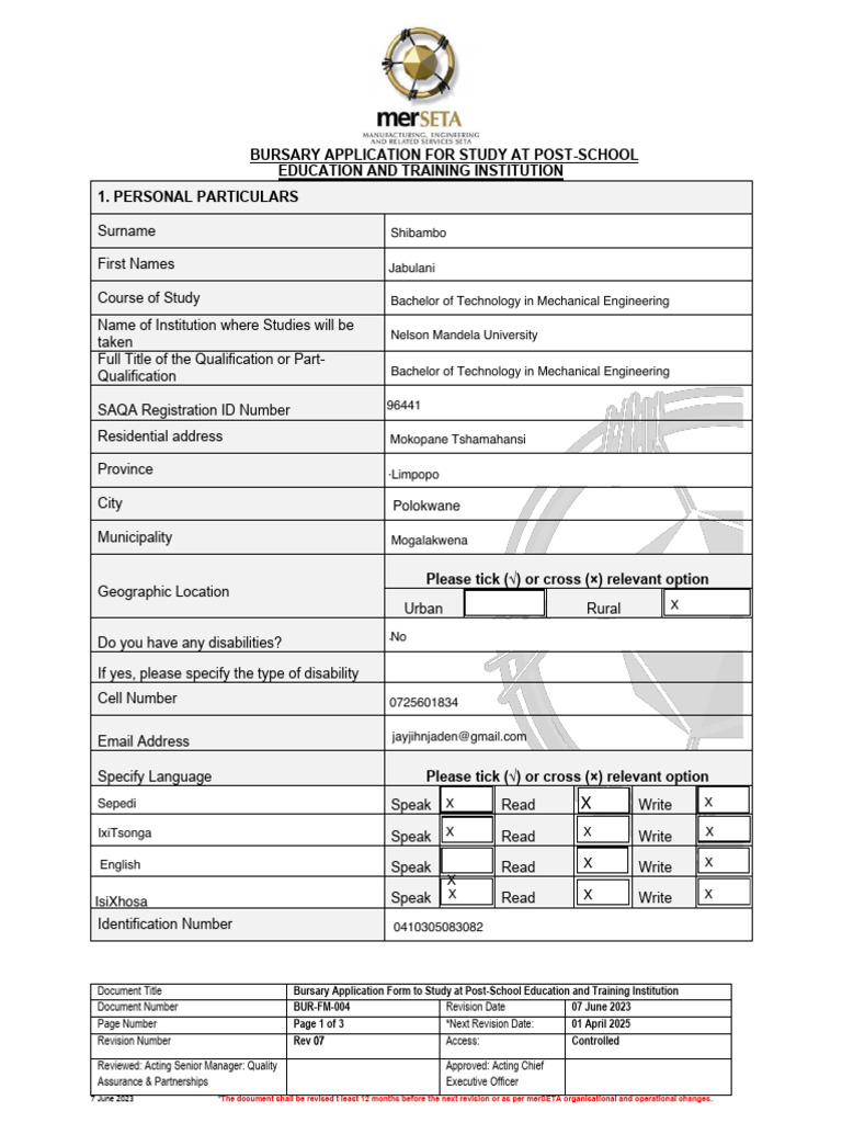 BUR-FM-004 Bursary Application Form For Study at Post-School Education ...