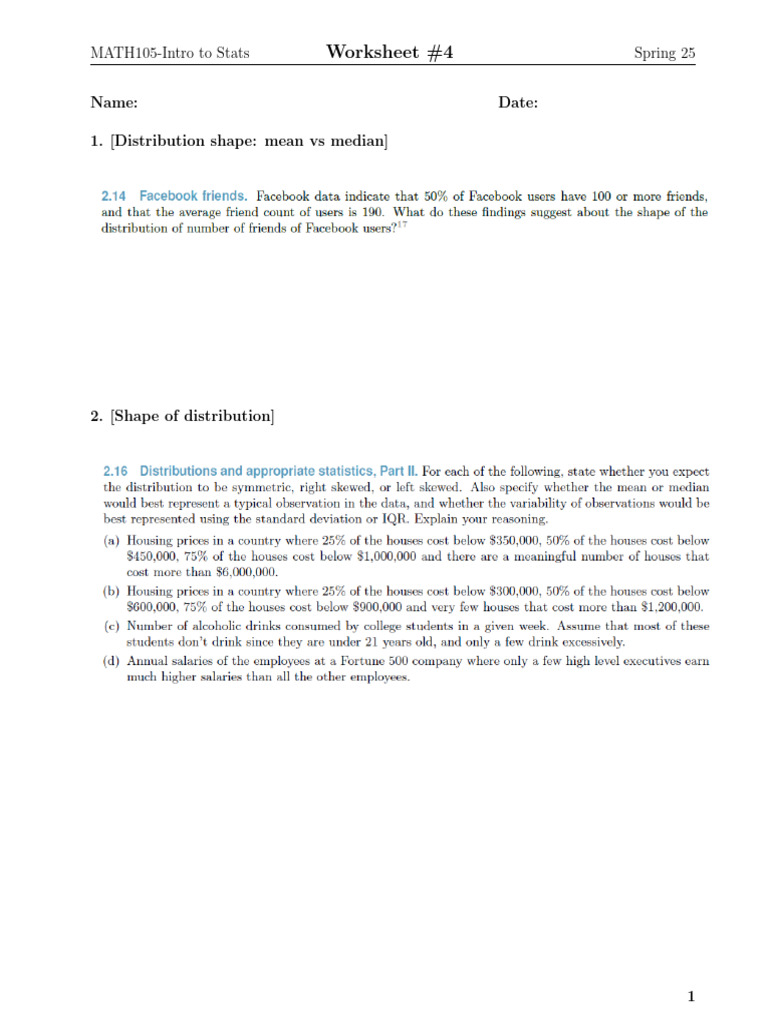 Ws4 Spring25 Summary Statistics | PDF | Variance | Mean