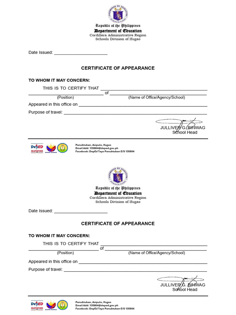 DepEd Certificate of Appearance Template | PDF