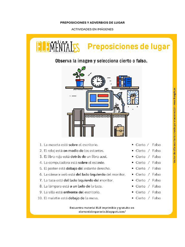 Preposiciones y Adverbios de Lugar - Actividades | PDF