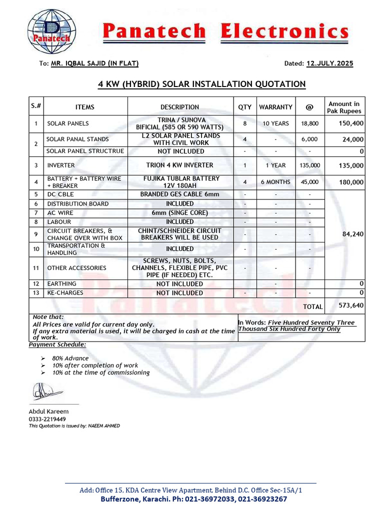 Panatech Electronics Quotations For 4 KW Hybrid Solar System - MR Iqbal ...