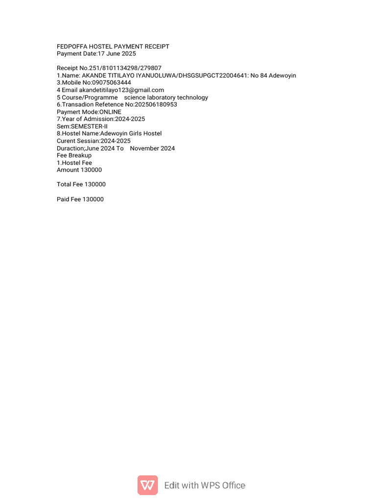 Hostel Payment Receipt | PDF