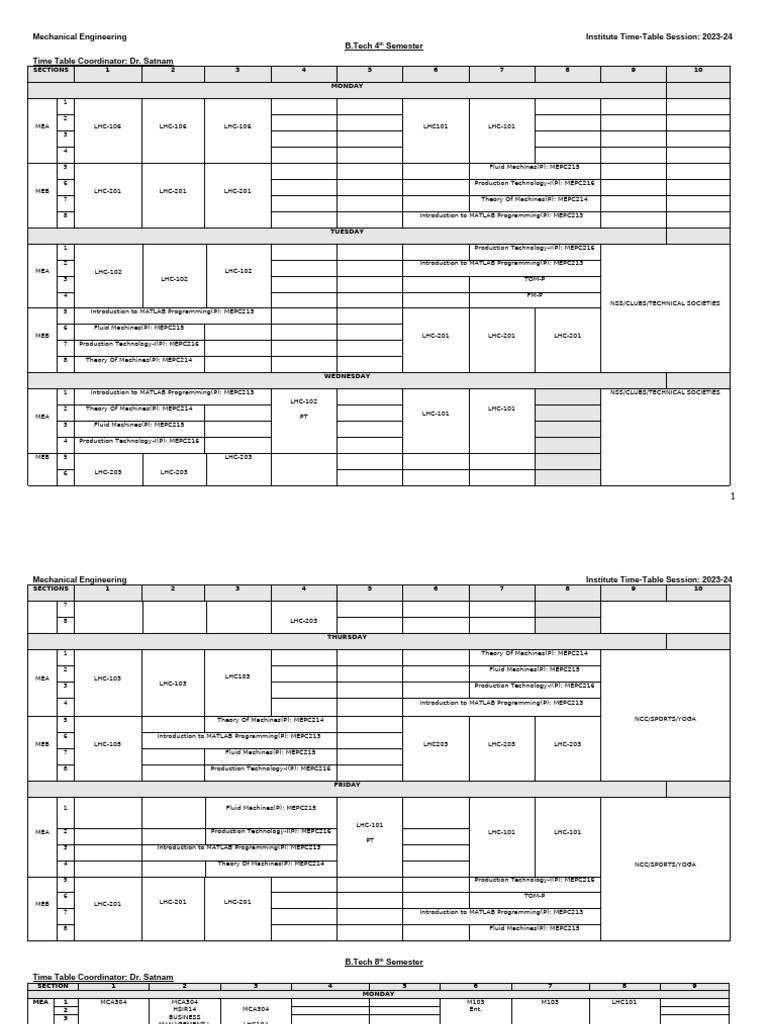 Mechanical Engineering 2023 24 Timetable Pdf Engineering