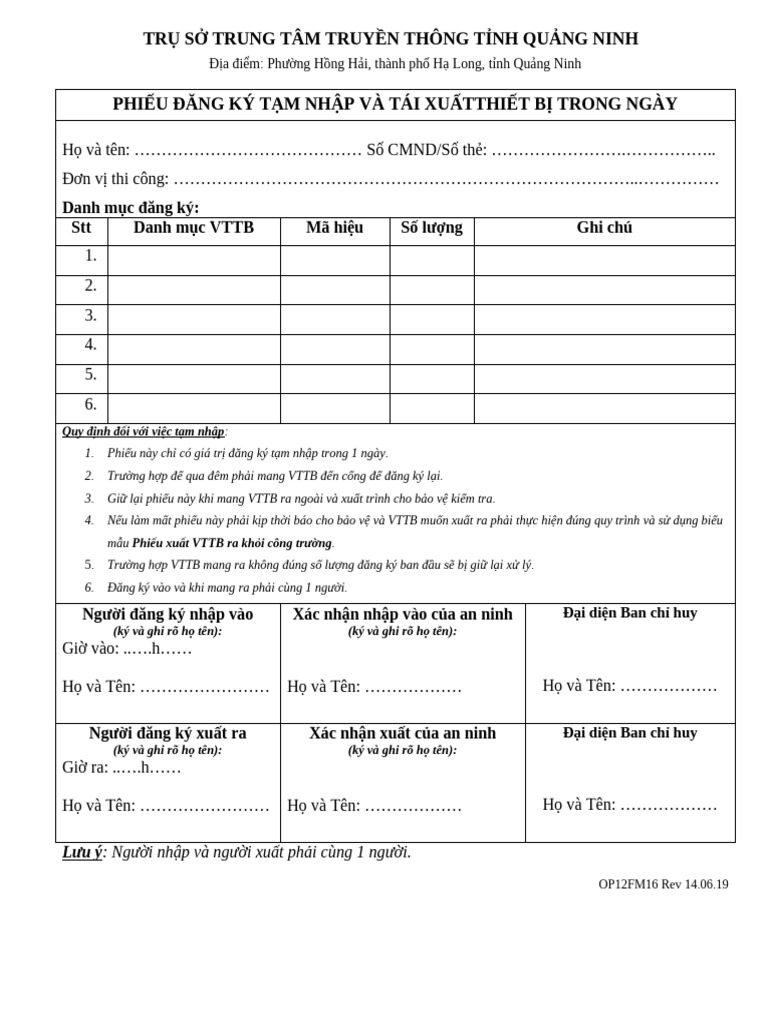 Phieu Tam Nhap Va Tai Xuat VTTB Trong Ngay | PDF