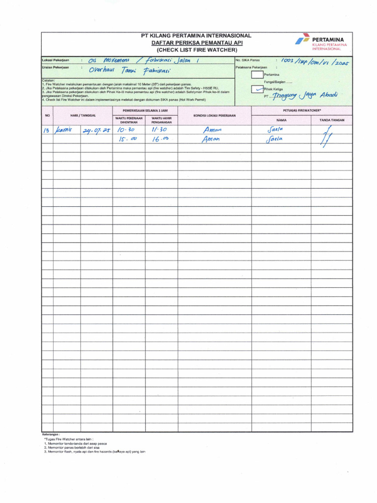Checklist HSSE FireWatcher 20250724 PT TriagungJayaAbadi | PDF