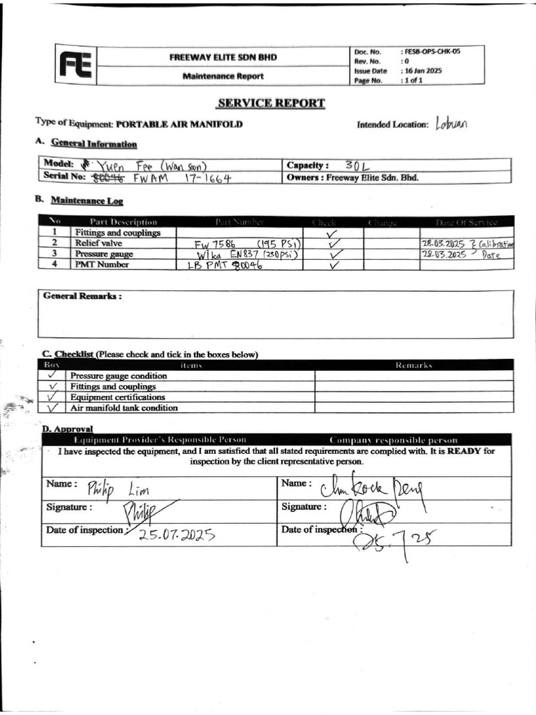 Maintenance Checklist Air Manifold (80046, 80225, 80228, LB PMT 456) | PDF