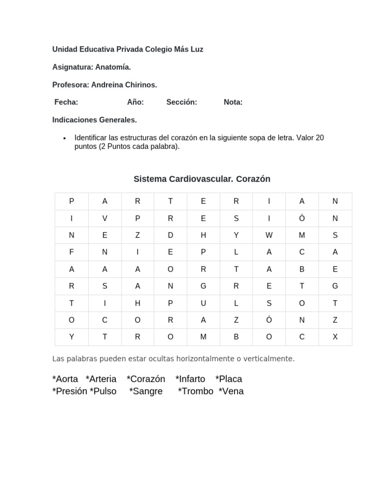 Sopa de Letra-Sistema Cardiovascular-Prof - Andreina Chirinos | PDF