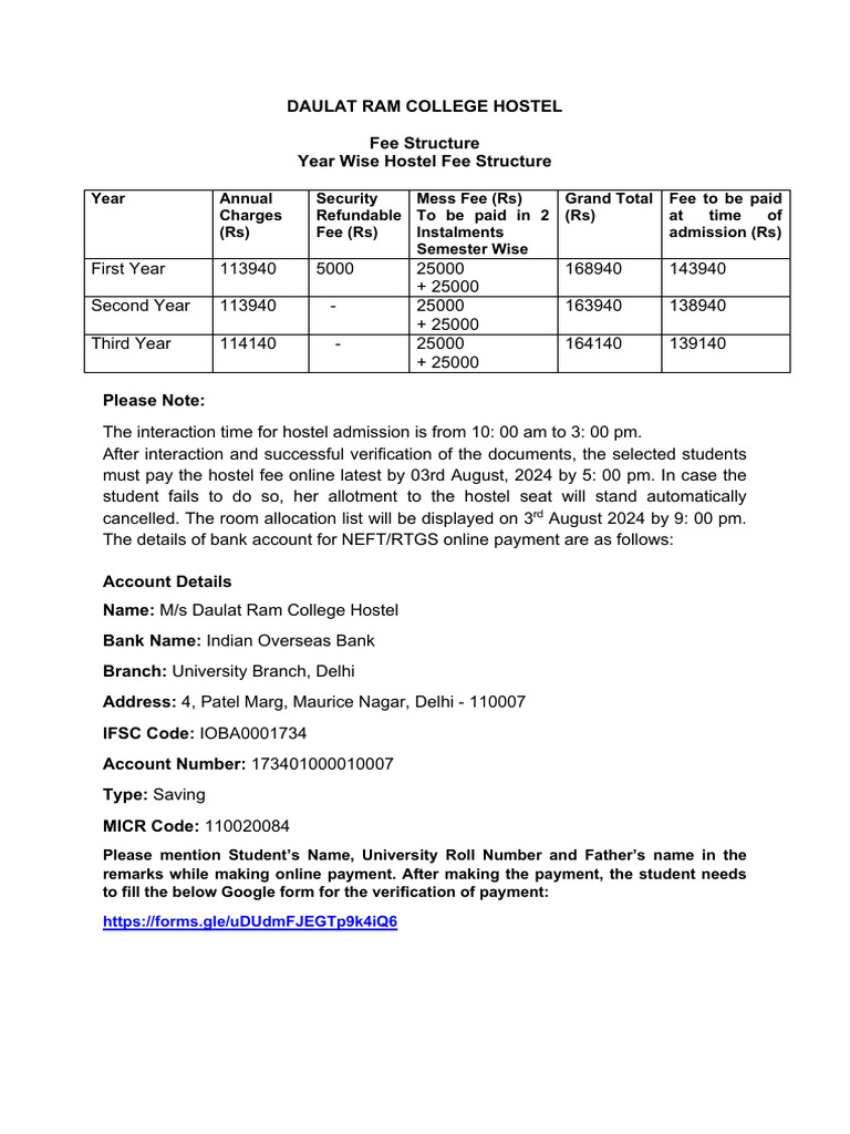 Daulat Ram College Hostel Fee Structure | PDF
